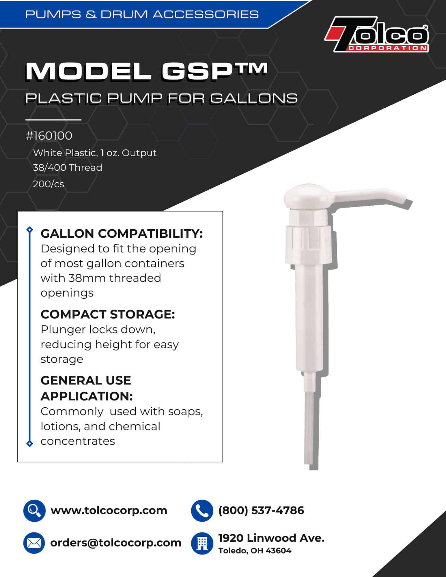 Model GSP Plastic Pump for Gallons - Tolco Corporation