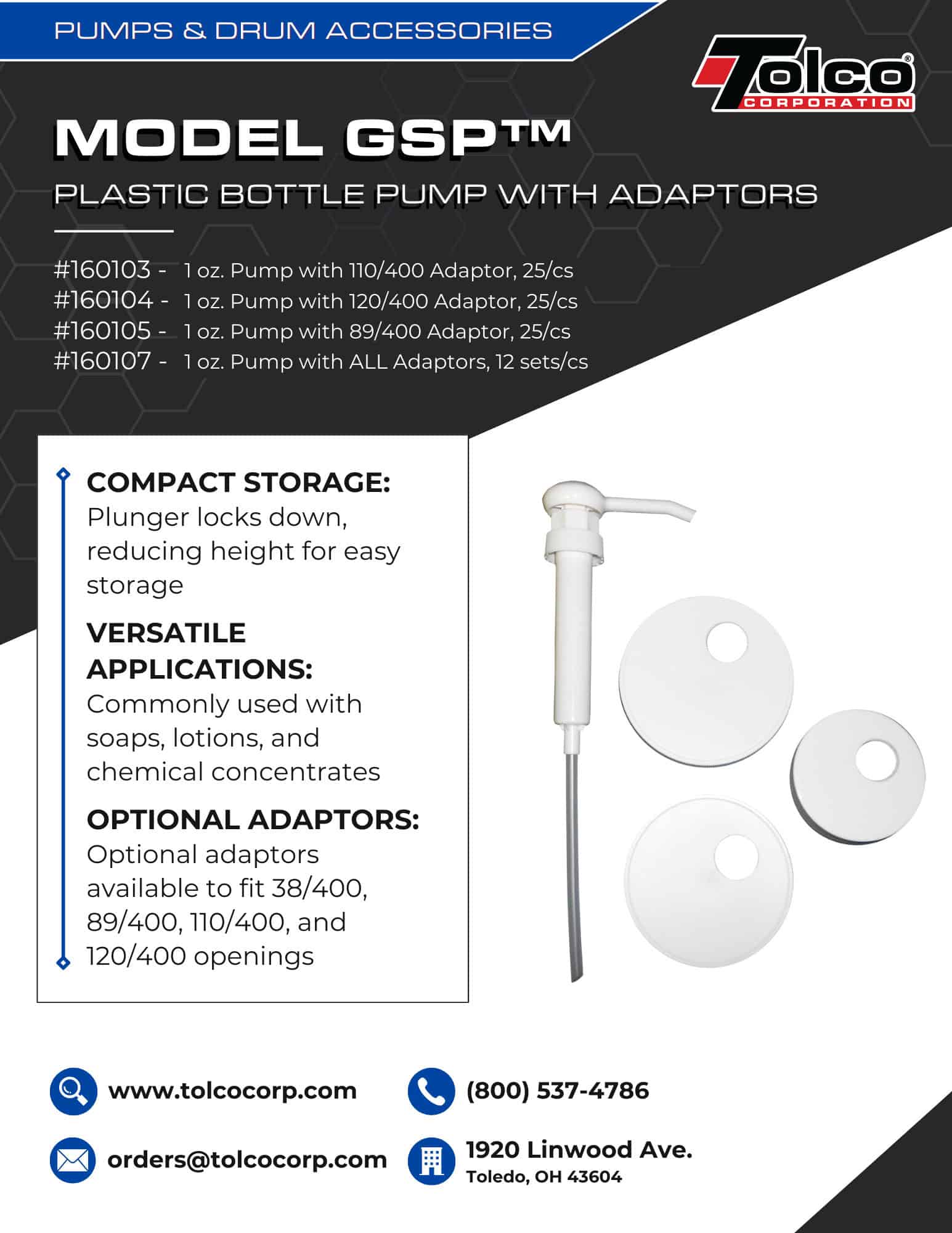 Model GSP Plastic Bottle Pump with Adaptors - Tolco Corporation