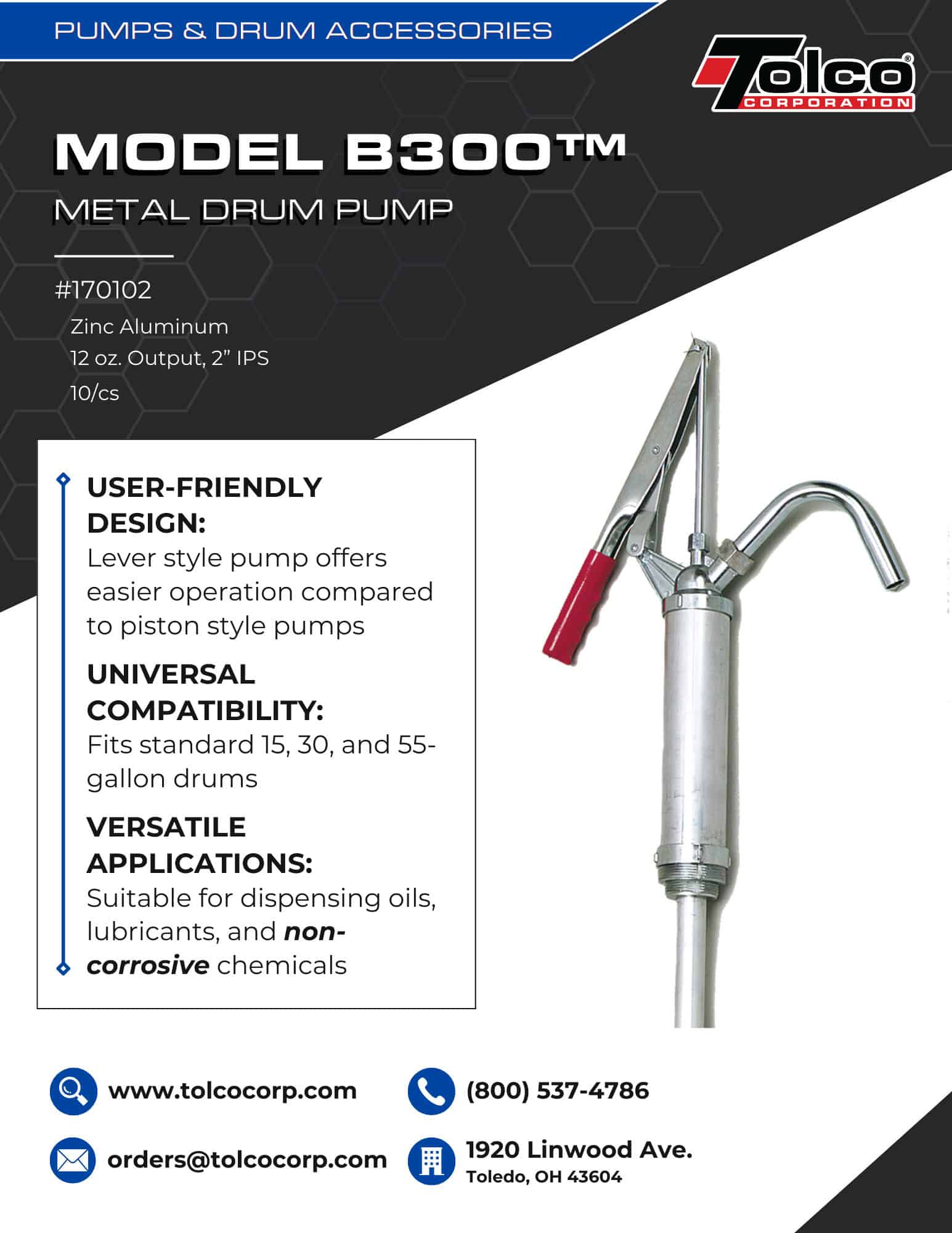 Model B300 Metal Drum Pump - Tolco Corporation